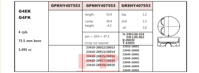 现代 G4EK G4FK 用活塞和活塞环 23410-26012 23410-26013 23410-26913 23410-26914 ...
