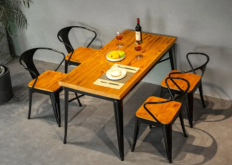 Modern Restaurant Cafeteria Gold Metal Tables And Chairs With Wooden ...