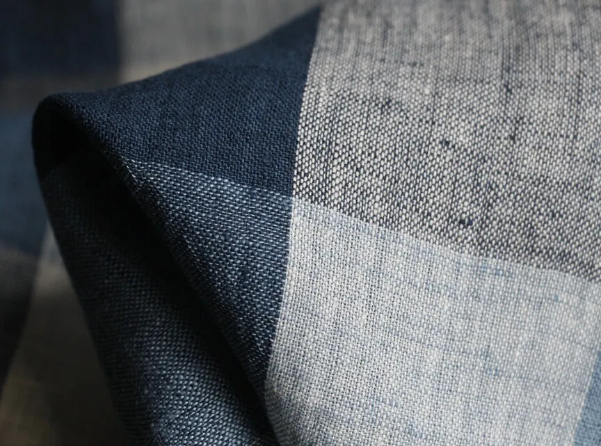 Its Certification Woven Technics Navy Blue Check Linen Shirt Fabric ...