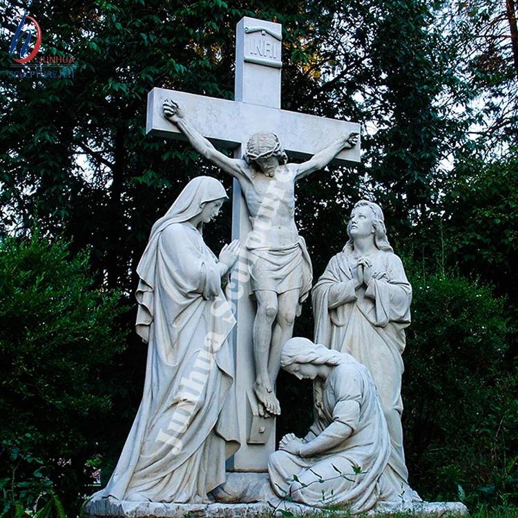 White Marble Crucifix Sculpture - Jesus on Cross Statue