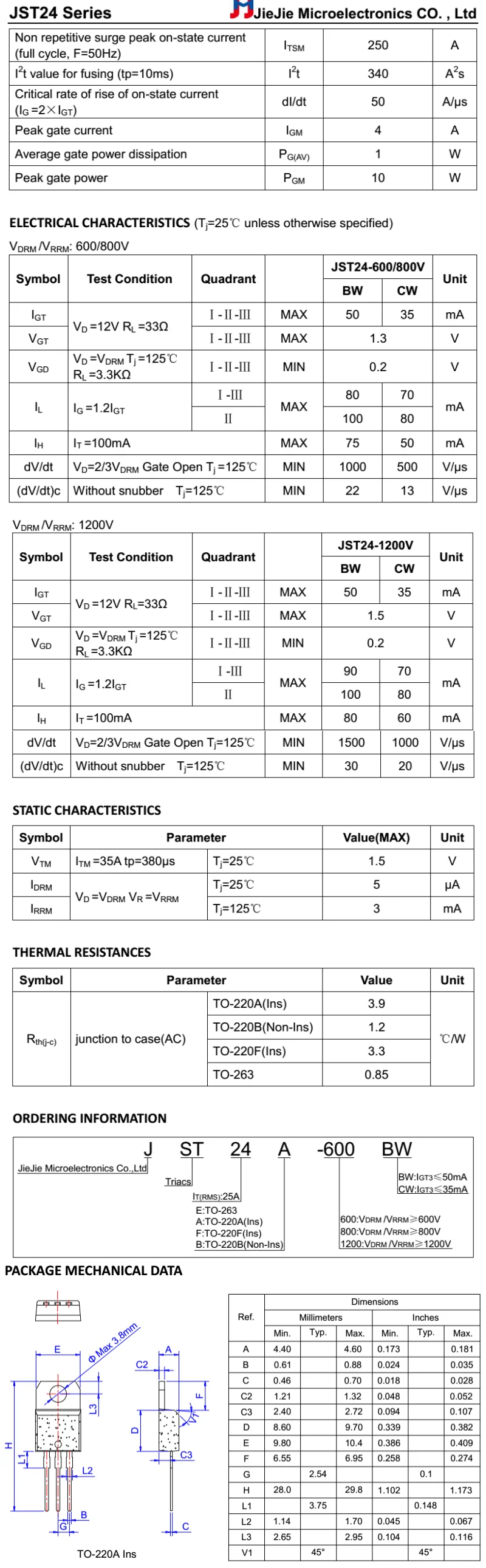 JST24A-800BW Thyristor Bidirectional SCR - 25A, 800V