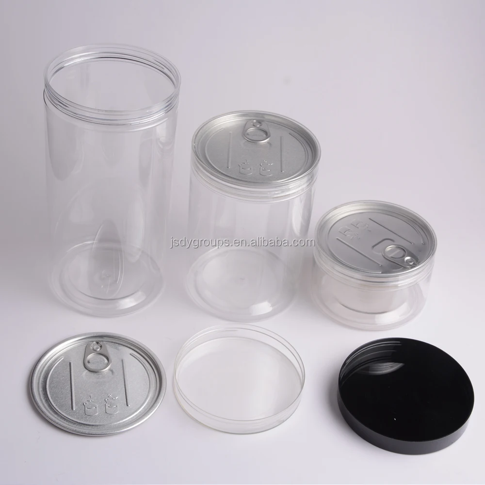 1000ml 500ml 250ml Food grade plastic easy open can jar with clear lid ...