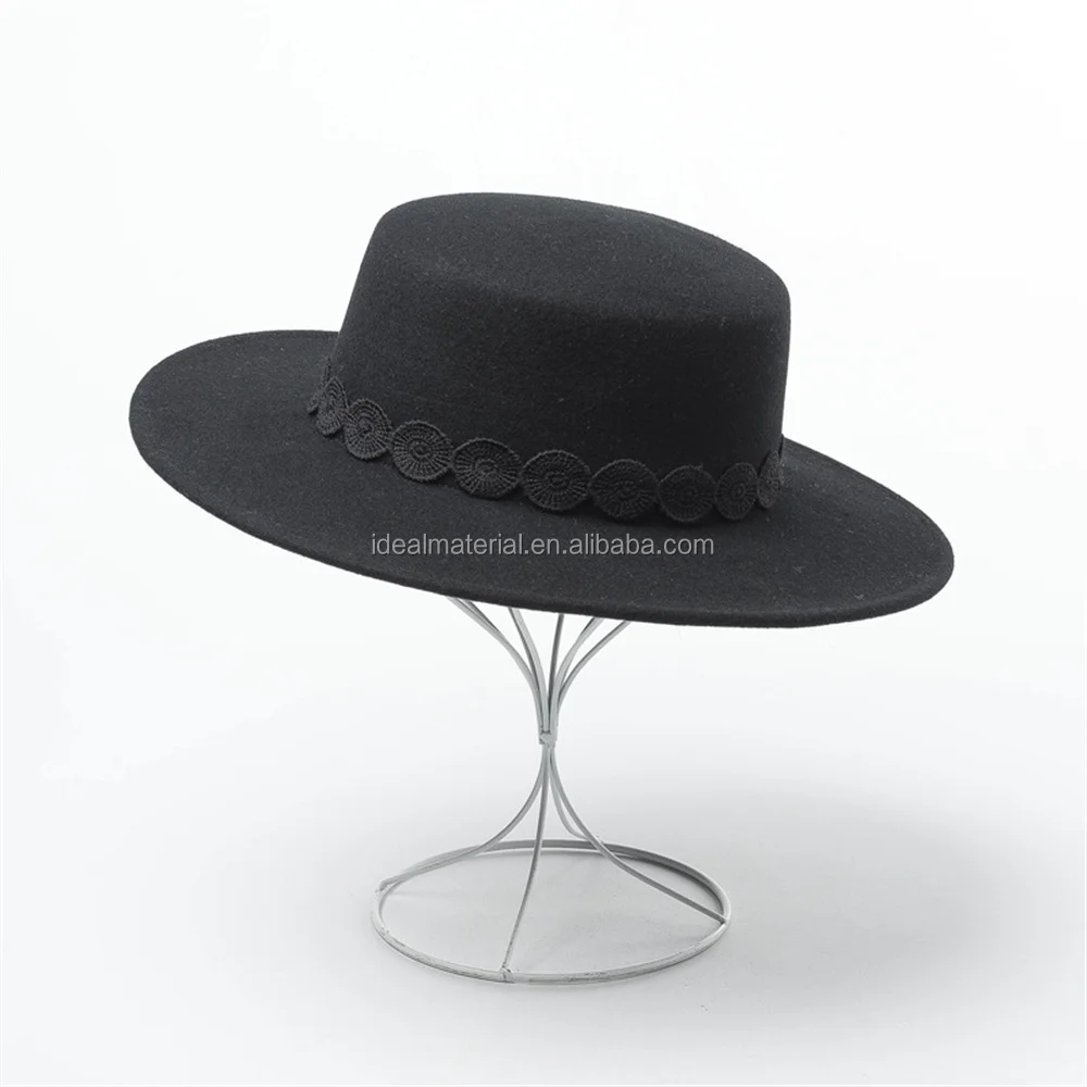Luxury Wide Brim Round Flat Top Wool Felt Hats With Ribbon - Buy Round ...