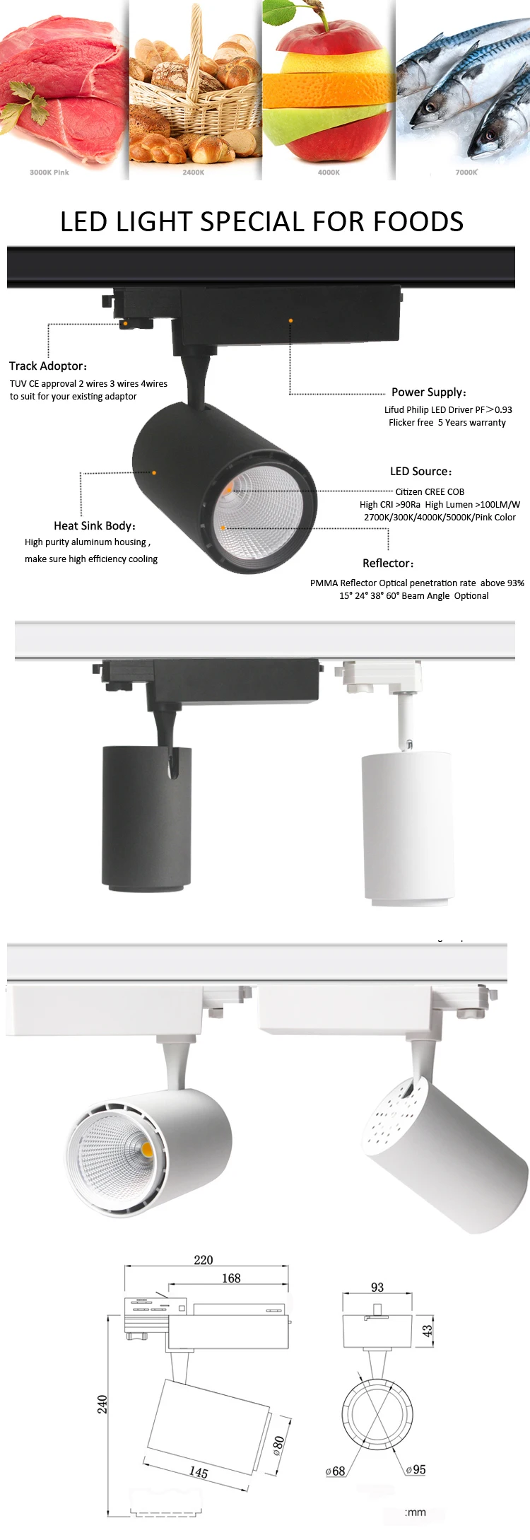Dimmable Warna Khusus Makanan Segar Lampu Cob Led Track Lampu Untuk ...