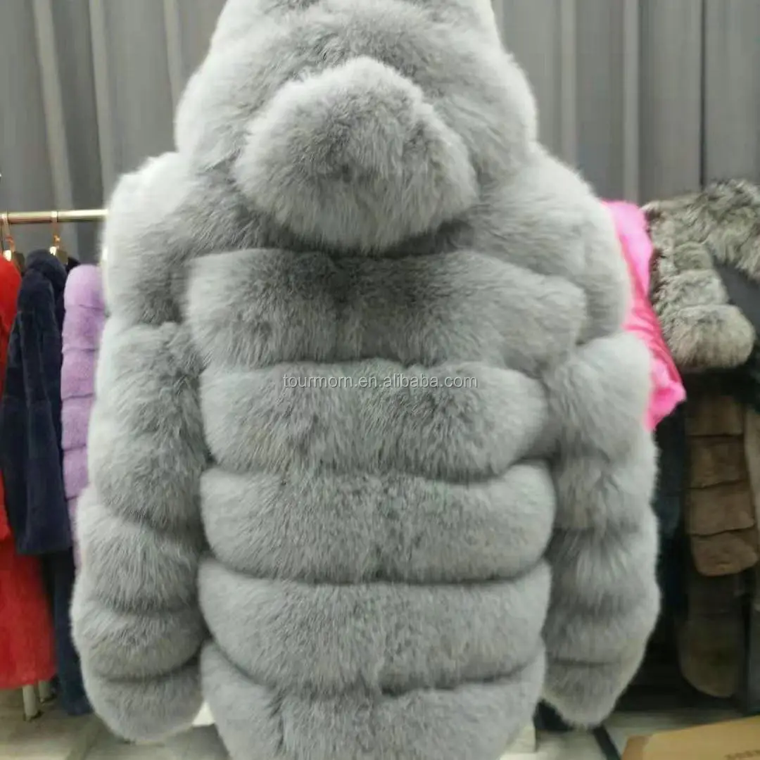 Custom Color Luxury Natural Light Grey Fox Fur Coat Winter Women Hooded ...