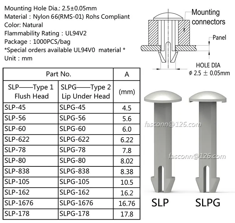 Nylon 66 Snap Lock Pin SLP | Push in Fasteners for 2.5mm Hole Dia ...