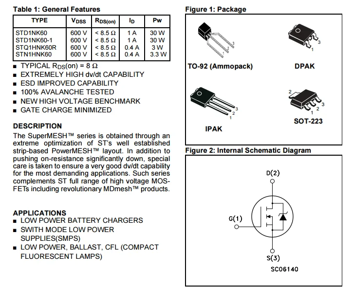 Ic Stn1hnk60 N-channel 600v - 8-ohm - 1a Dpak/to-92/ipak/sot-223 Super ...