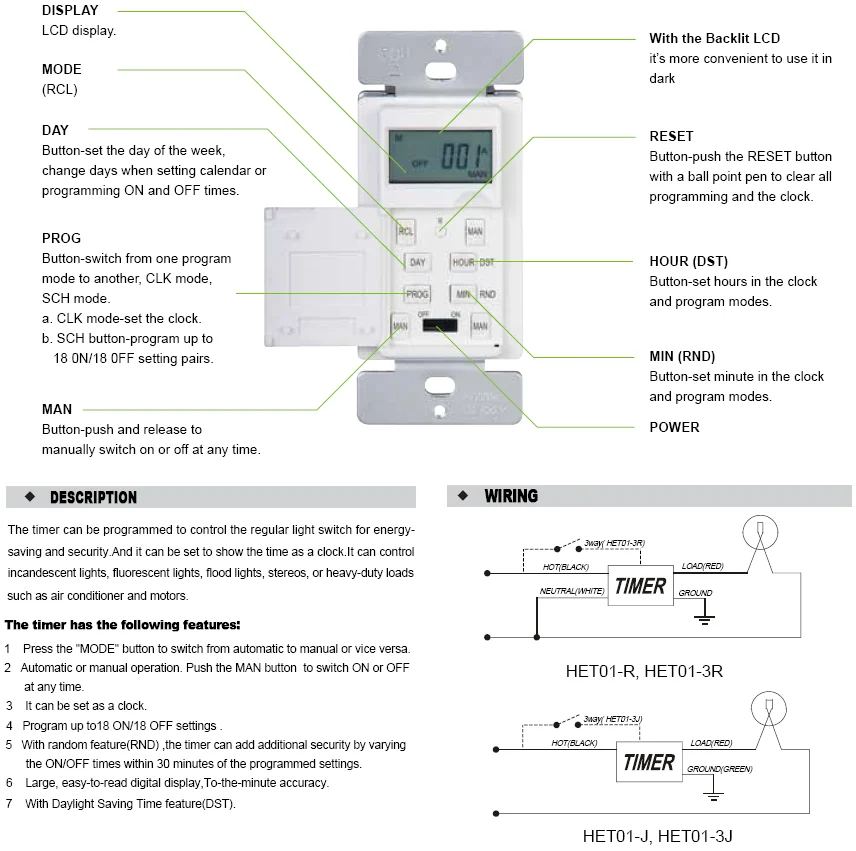 Ul Approval 7 Day Heavy Duty Digital In Wall Timer Single Pole Relay ...