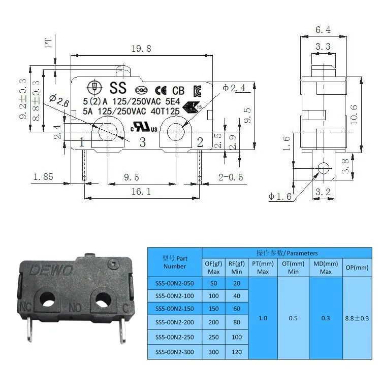 Enec Normally Closed Small 2 Pin 40t125 5a 125vac Micro Switch - Buy 2 ...