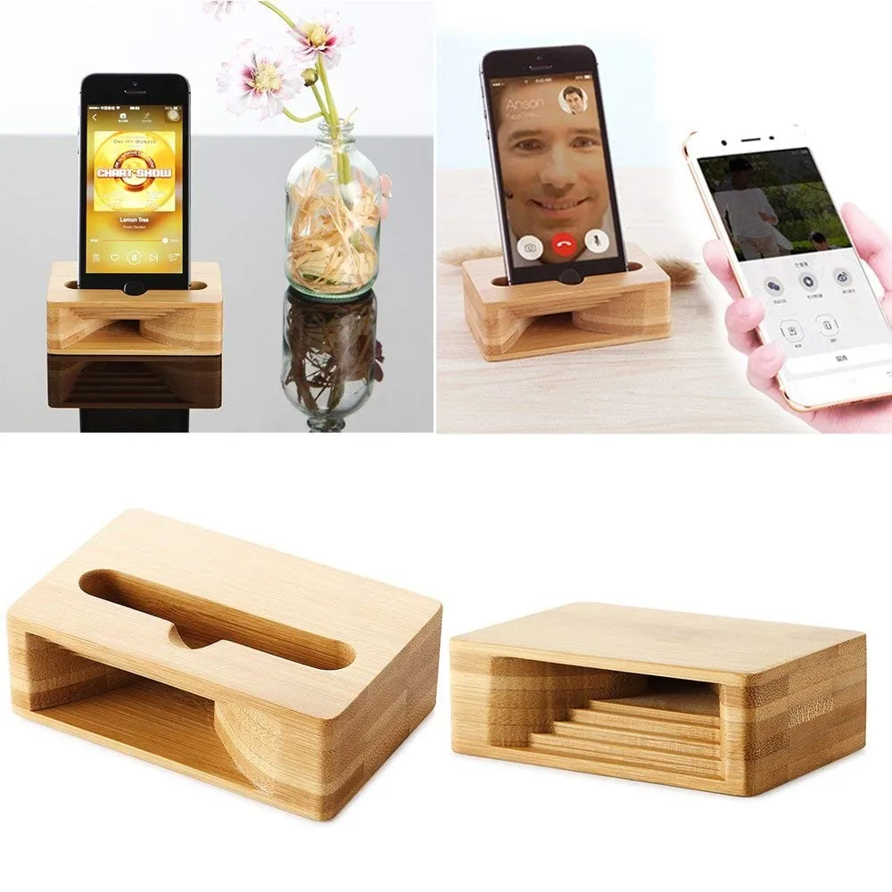 Bamboo Desktop Cell Phone Stand Holder With Sound Amplifier Within 5.5 ...