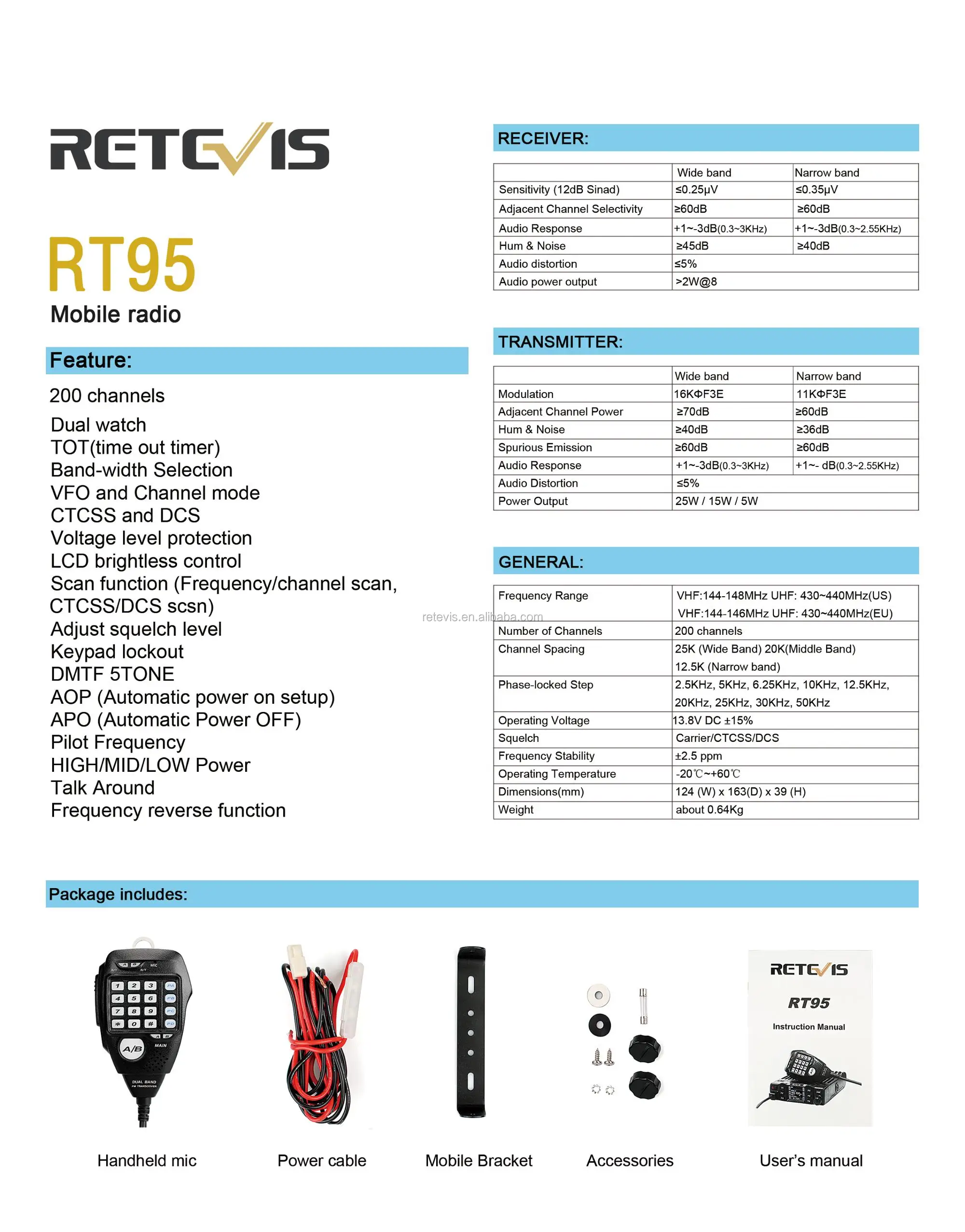 Retevis Rt95 Mobile Radio Dual Band Transceiver Vhf 136-174/uhf430-490 ...