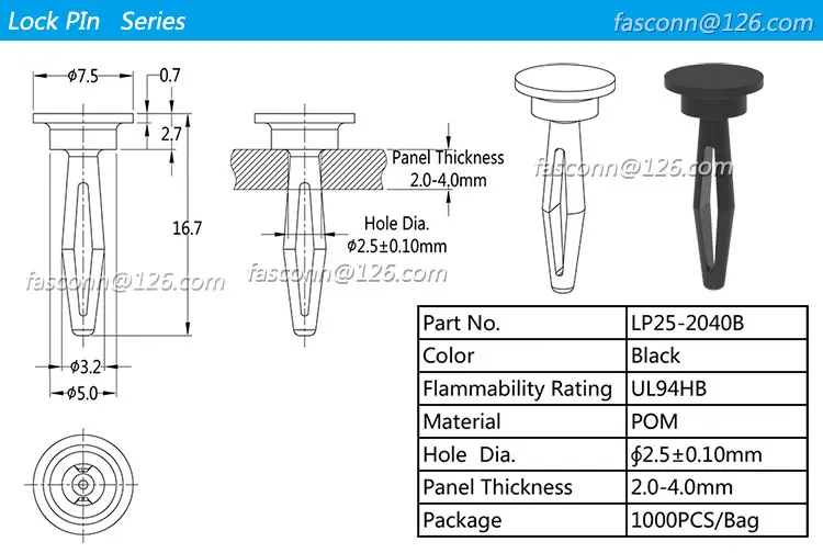 Nylon 66 Snap Lock Pin SLP | Push in Fasteners for 2.5mm Hole Dia ...