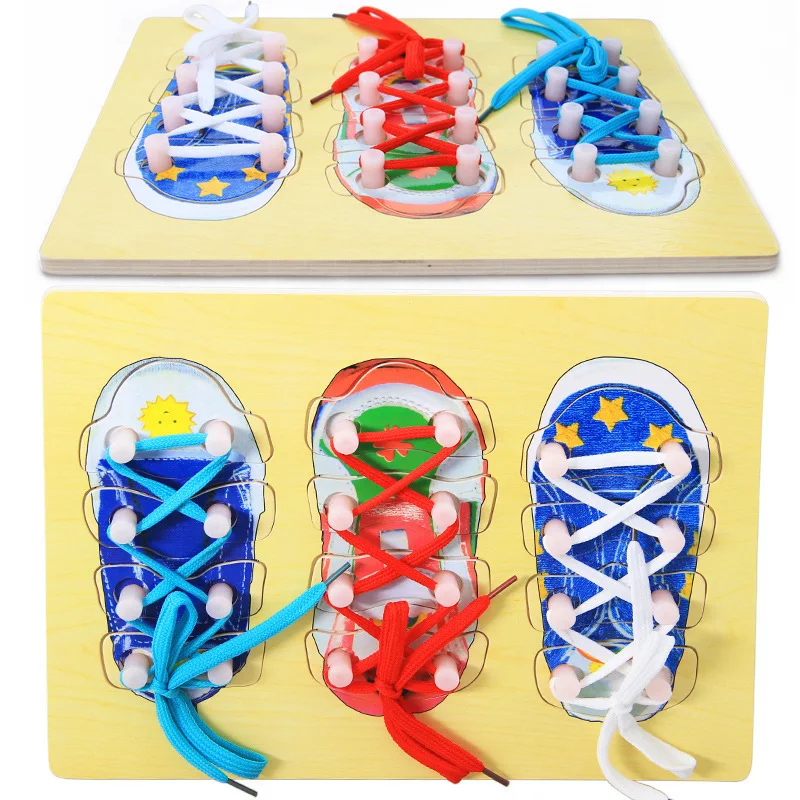 Cute Learn Tie Shoe Lace Toy Teaching Toy Wooden Puzzles Board Lacing ...
