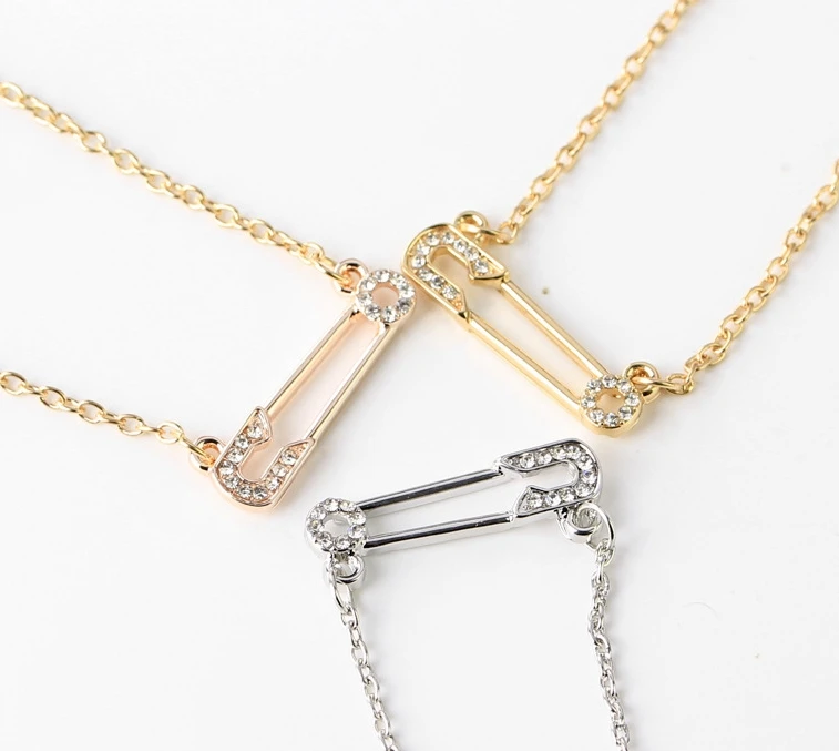 Solid 925 Sterling Silver Inlay Zircon Safety Pin Pendant Paper Clip ...