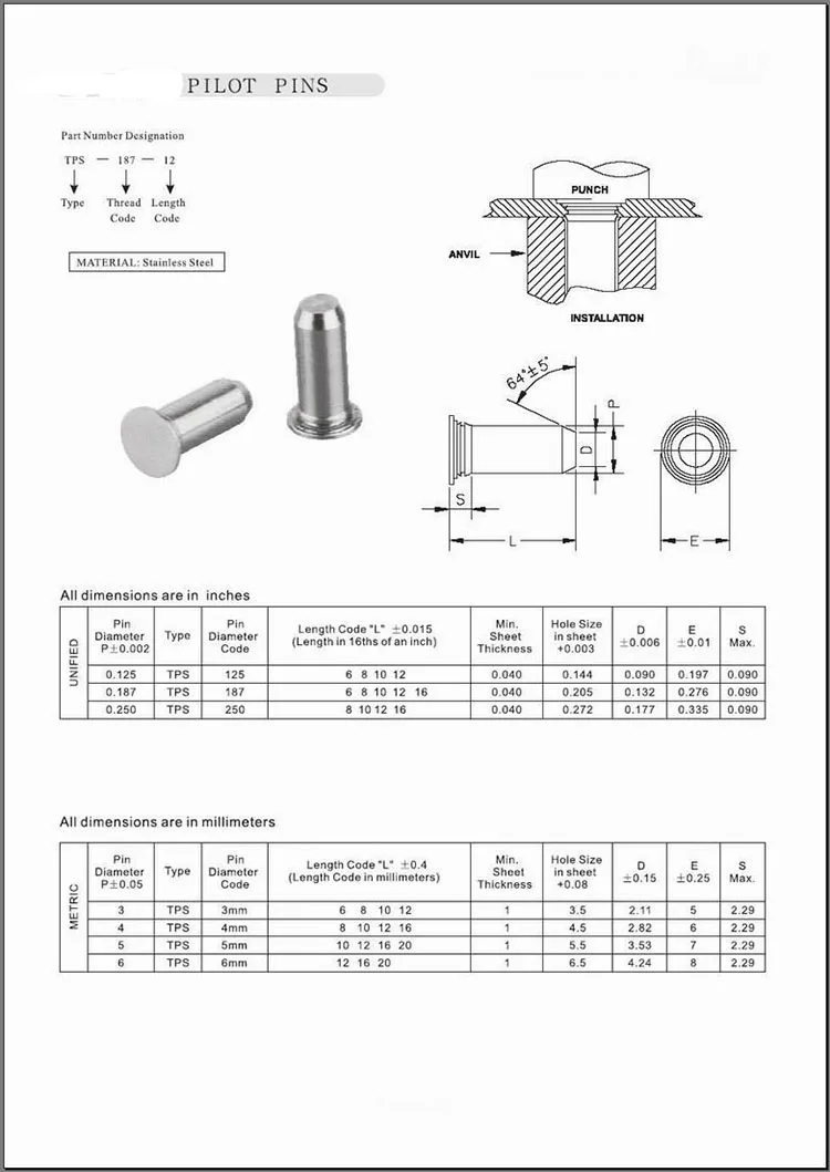 TPS-4-8 Stainless Steel Self Clinching Pilot Pin - HKY