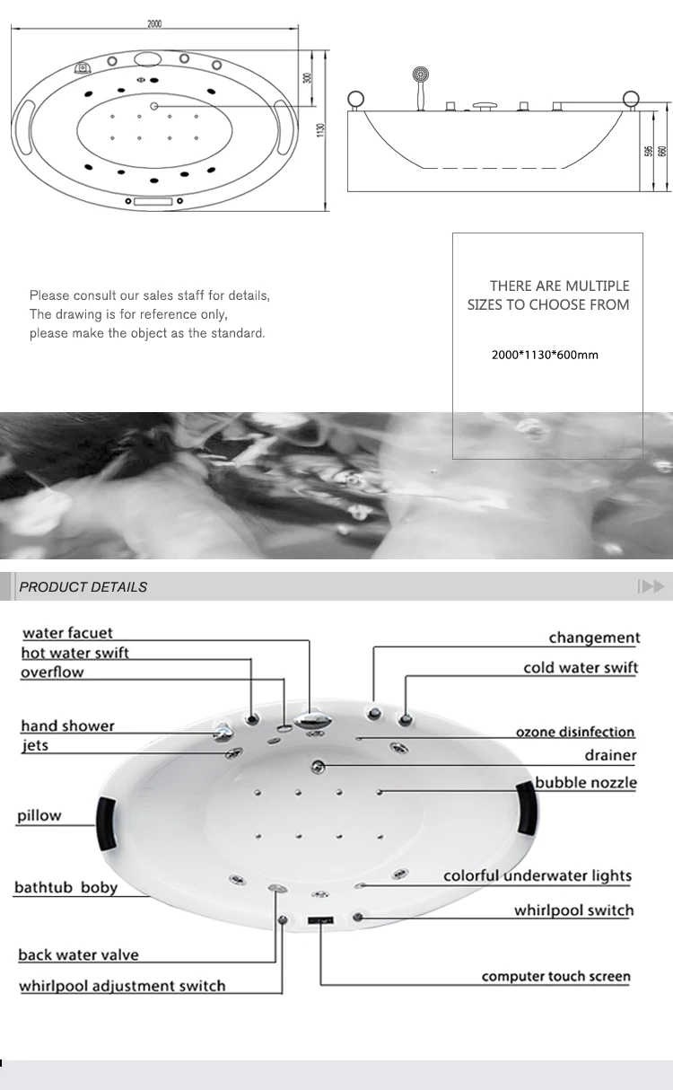 Moon Tub - Whirlpool and Massage Bathtub with Center Drain