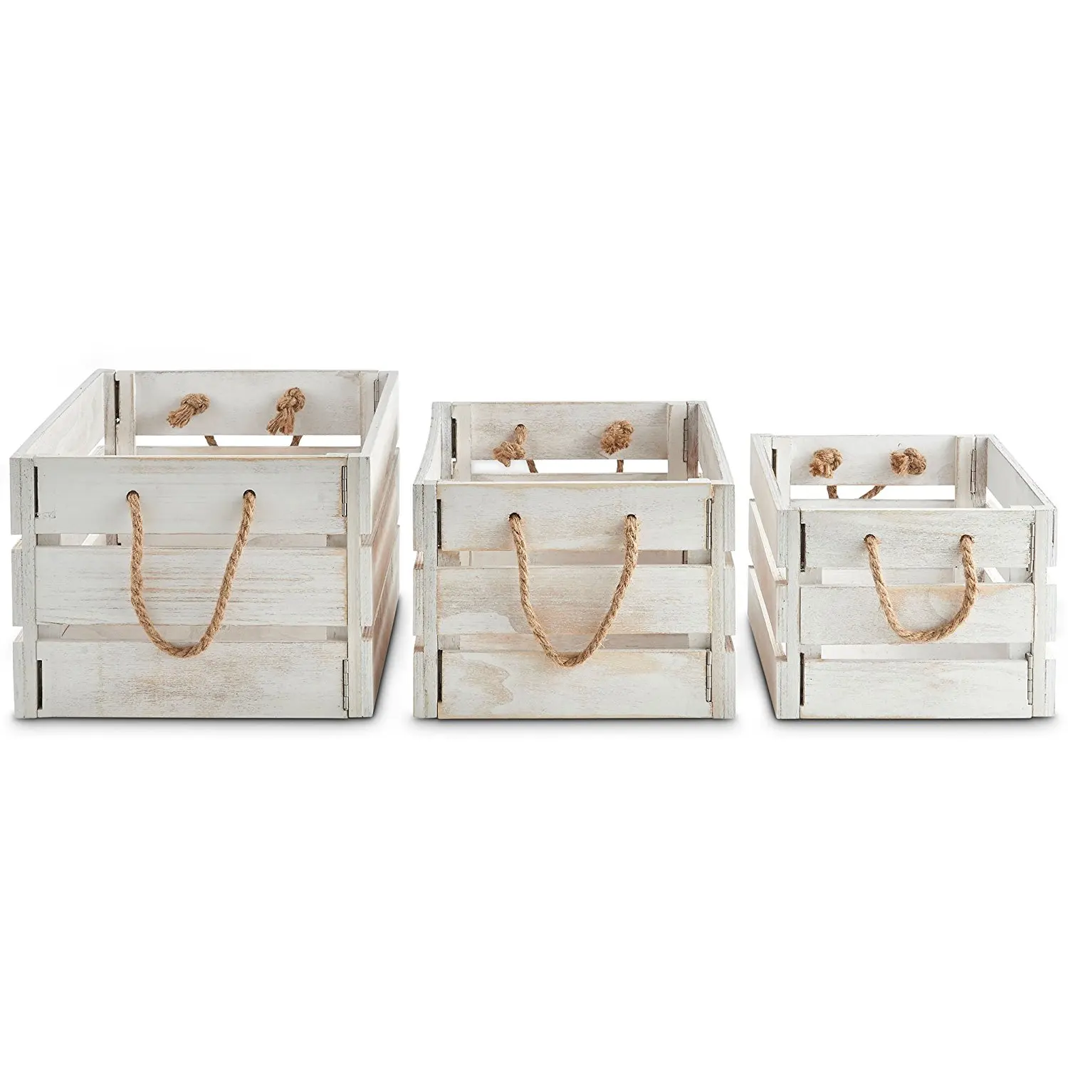 Rustic White-washed Wooden Storage Crates With Jute Rope Handles - Buy ...