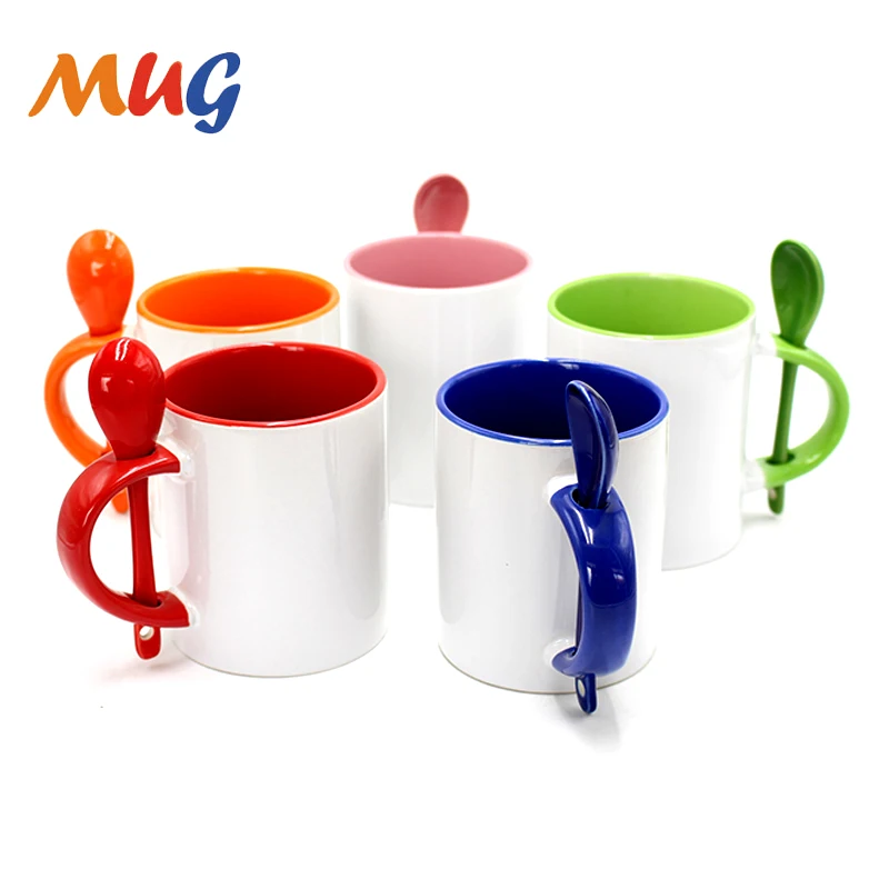 11oz Inner And Handle Colored Sublimation Blank Mug With Spoon - Buy ...