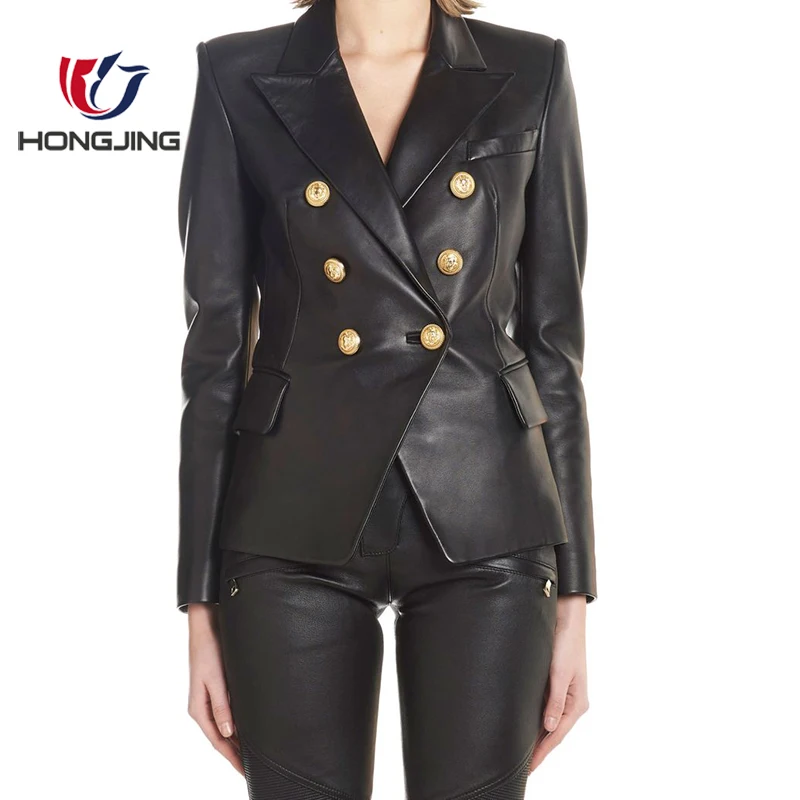 Women Lamb Leather Notch Point Collar Biker Jacket Double-breast Button ...