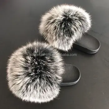 Real Silver Fox Fur Sliders With Flexible Rubber Feather For Fashion ...