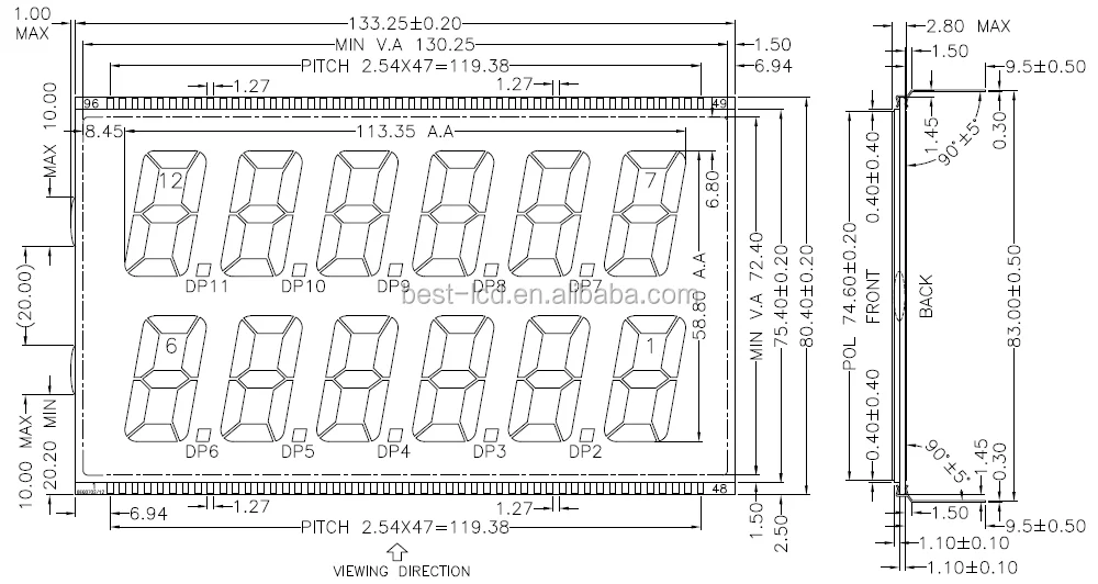 66 Lcd Custom Size Monochrome 2 Rows Of 7 Segments 6 Digits 96 Pins Lcd ...