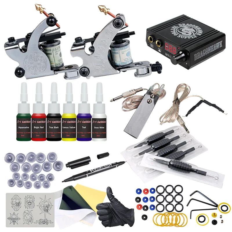 Dragonhawk Professional Two Coil Tattoo Machine Kit 6 Colors Ink - Buy ...