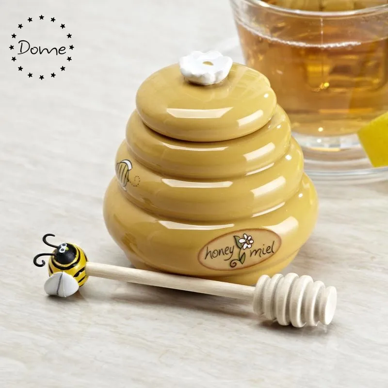 Wholesale Yellow Beehives Shape Ceramic Honey Pot with Dipper