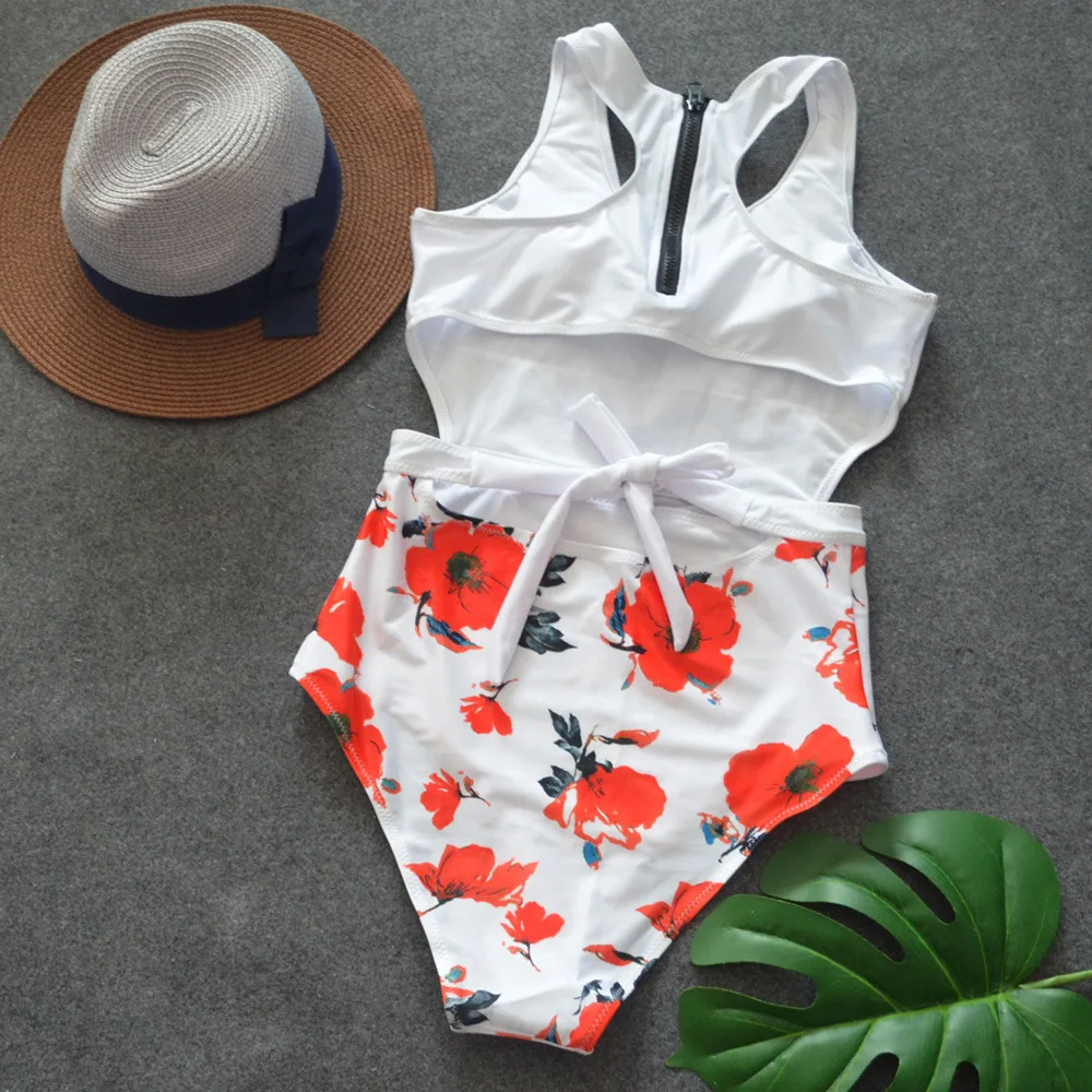 Women's Retro Red Flower Printed High Waist Spring White Swimsuits For ...