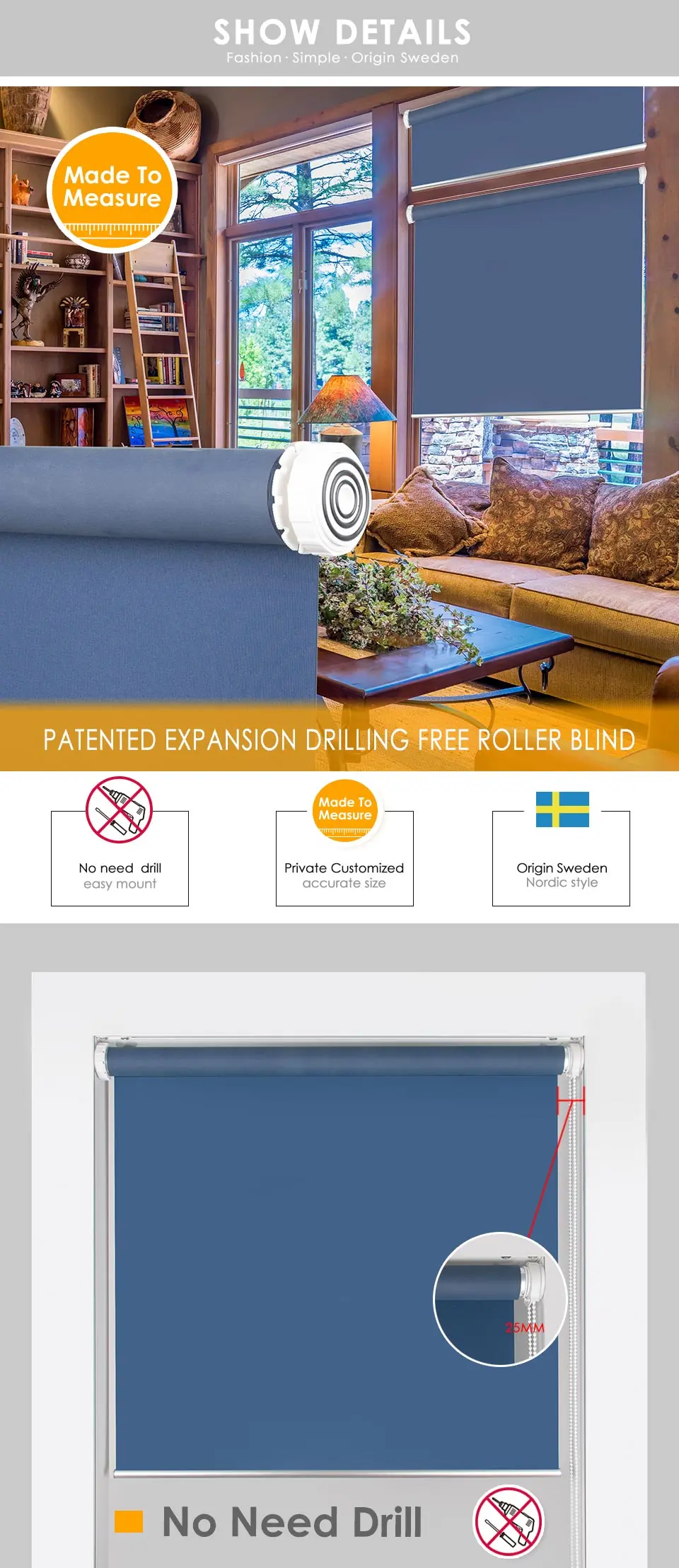 Tension Roller Blinds Screw Free Installation Inside Mount Only 100% ...