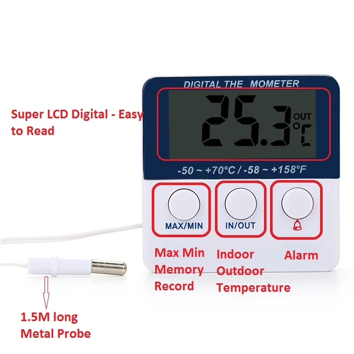 Alarm Temperature Meter Max Min Lcd In Out Magnet Mounted Temperature ...