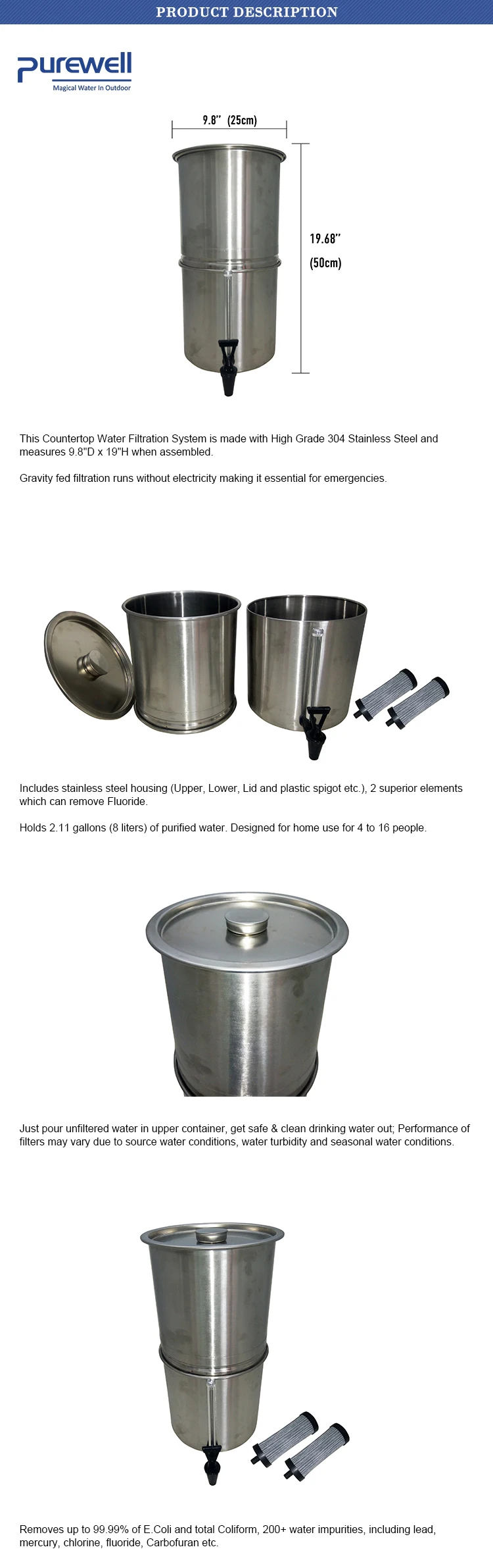 Purewell Pro Gravity-fed Water Filtration With Two Elements Stainless ...