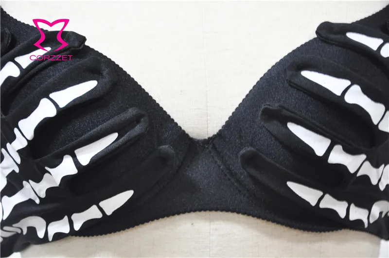 Sexy Black Skull Push Up Skeleton Hands Bra Halloween Cosplay Wear For ...