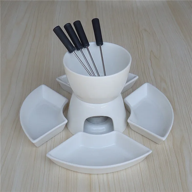 Ceramic Cheese Fondue Set with Bamboo Base for 4 People