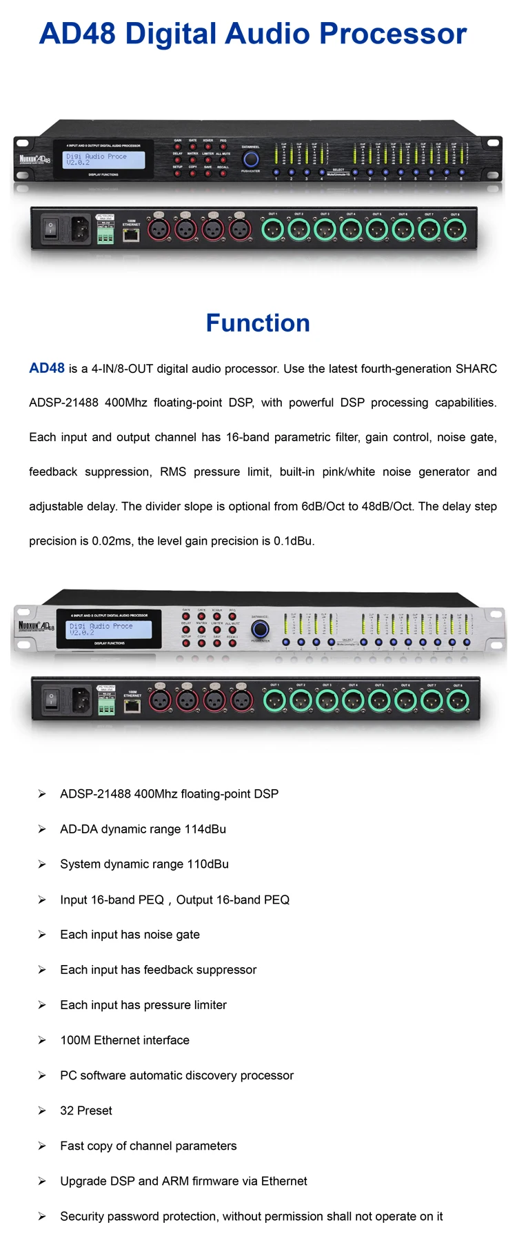 NUOXUN AD48 - Professional 4 Input 8 Output DSP Audio Processor