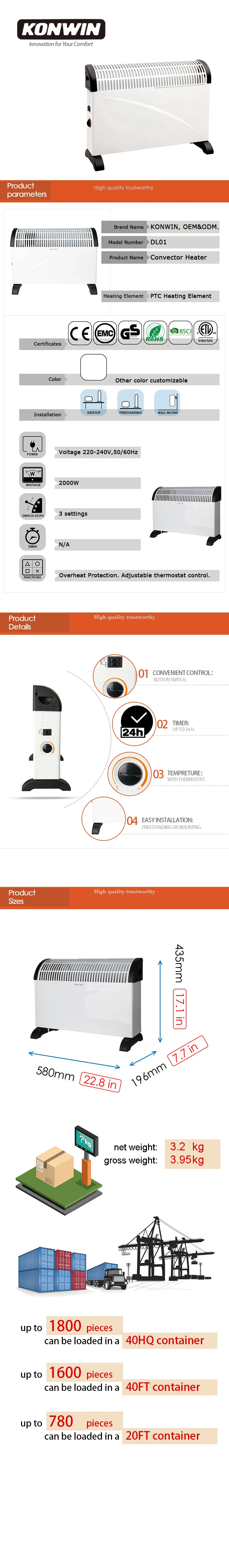 KONWIN 2000W Electric Convector Heater with Timer & Safety