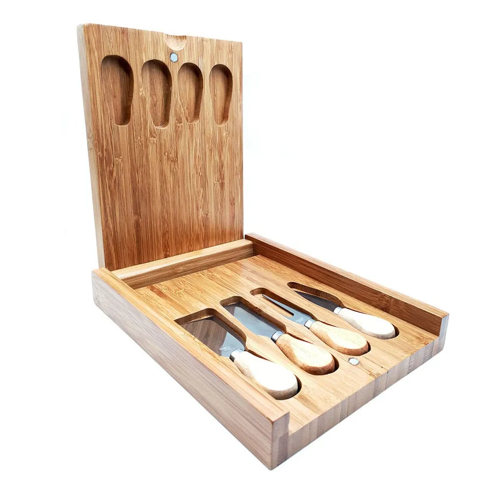 Natural Bamboo Cheese Cutting Storage Box With 4pieces Knife Set - Buy ...