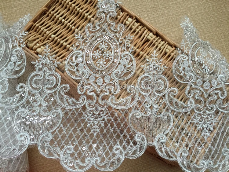 25cm Wide Silver Cording Embroidery Sequin Lace Trim For Wedding Veil ...