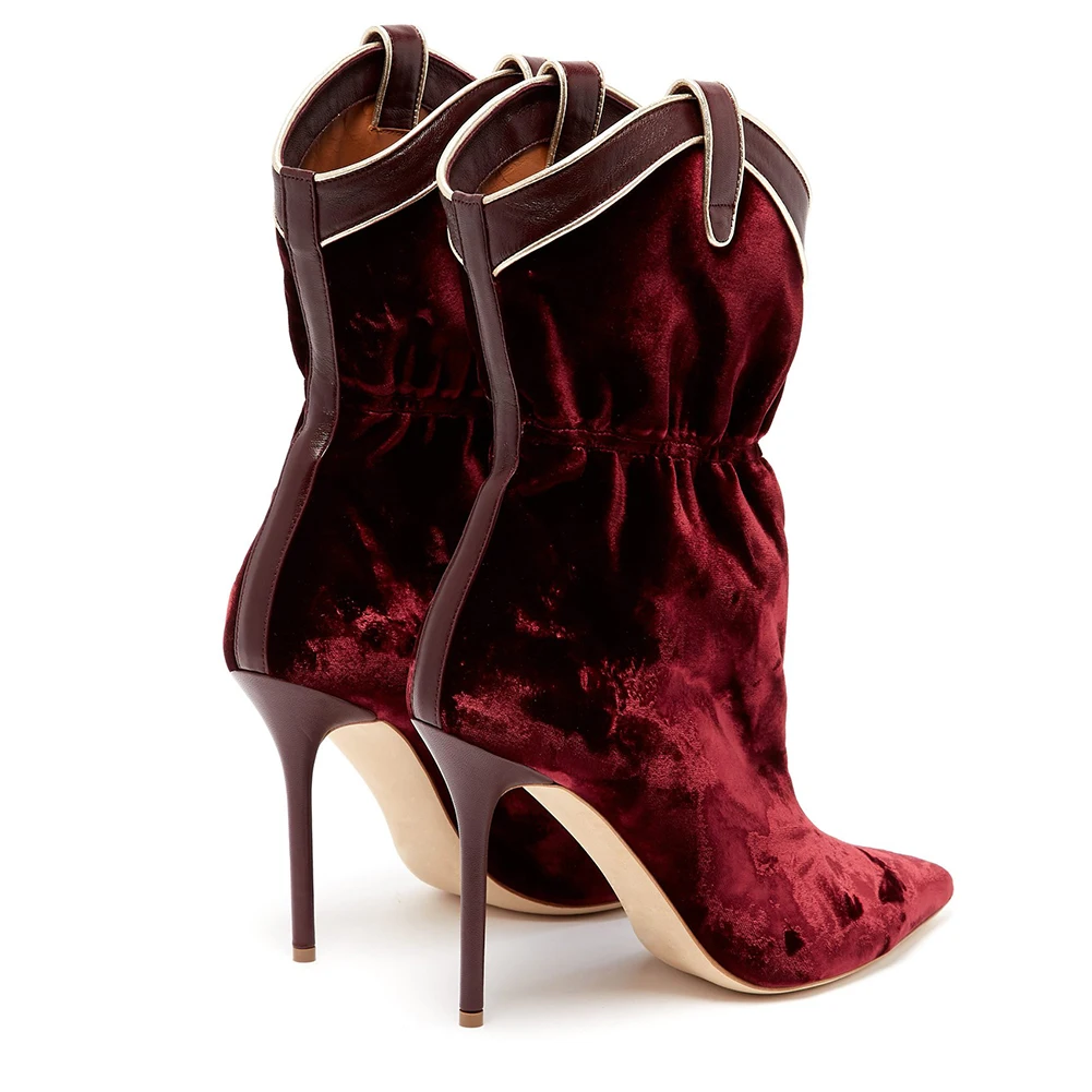 Burgundy Velvet Ankle Boots Pointed Toe High Stiletto Heel Booties ...