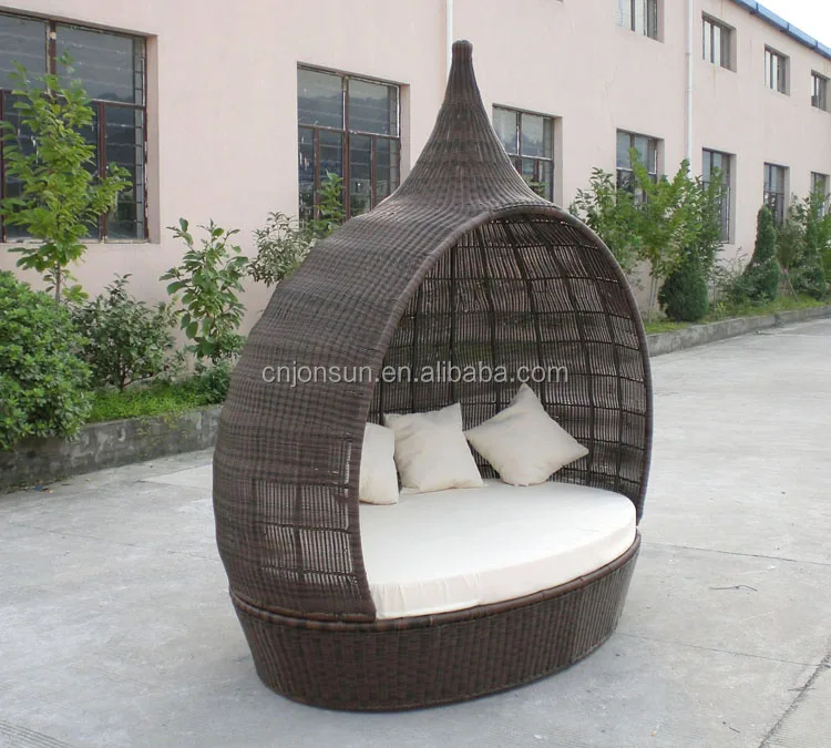 Rattan Round Outdoor Wicker Lounge Bed With Canopy Double Wide Chaise ...
