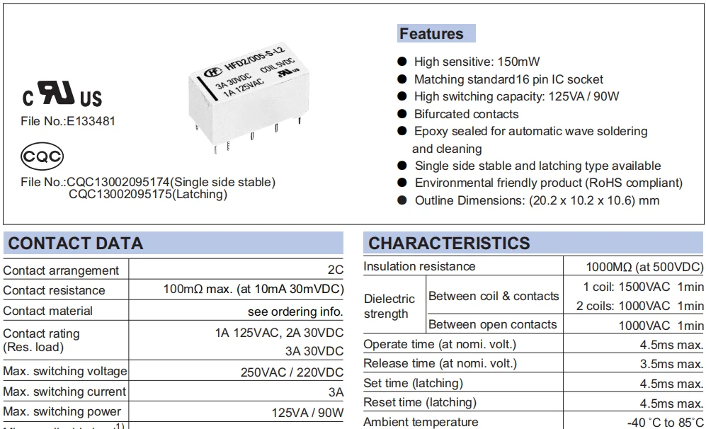 Hongfa Signal Relays HFD2-012-S-L2-D with 12V DC 10 Pins