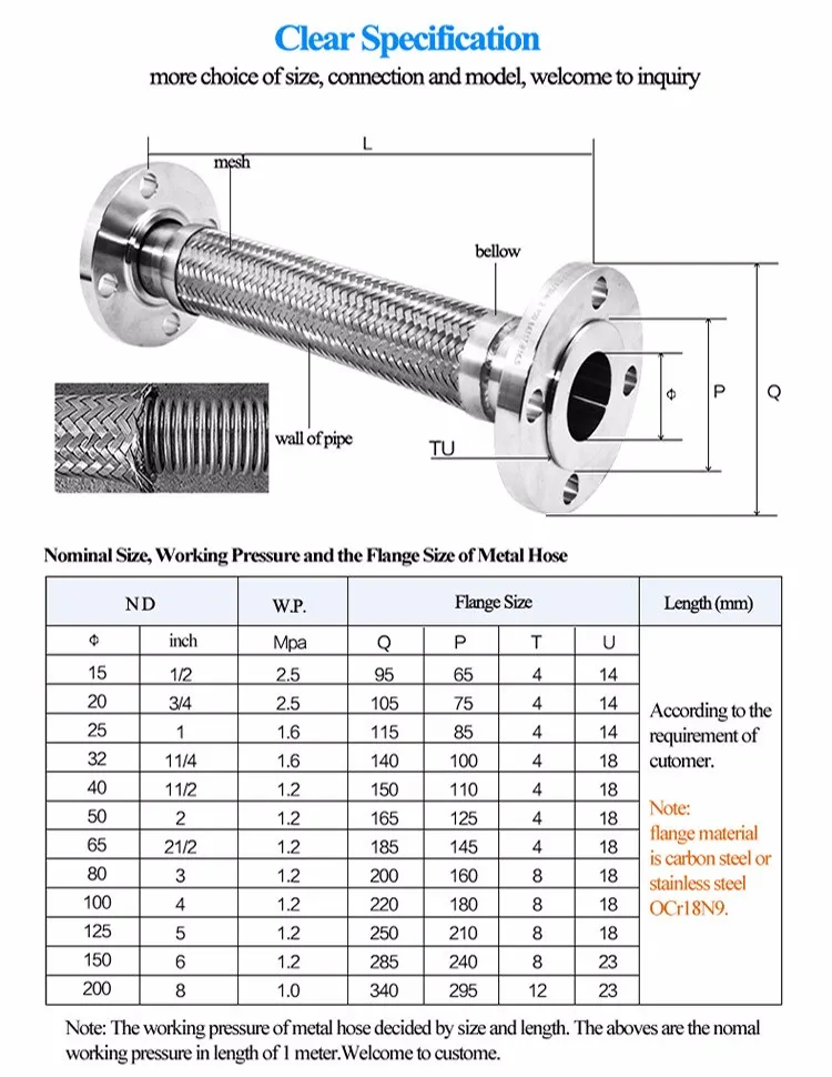 SUS304 316 316L Stainless Steel DN40 Flexible Metal Hose