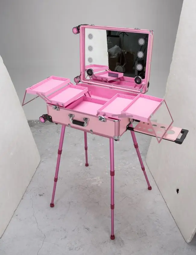 Pink Aluminum Makeup Trolley Case with Mirror Light Professional Makeup ...