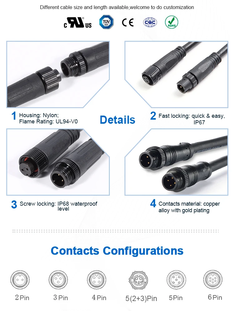 IP68 AC/DC Waterproof Connector - 2 Pin Plug with Screw Lock