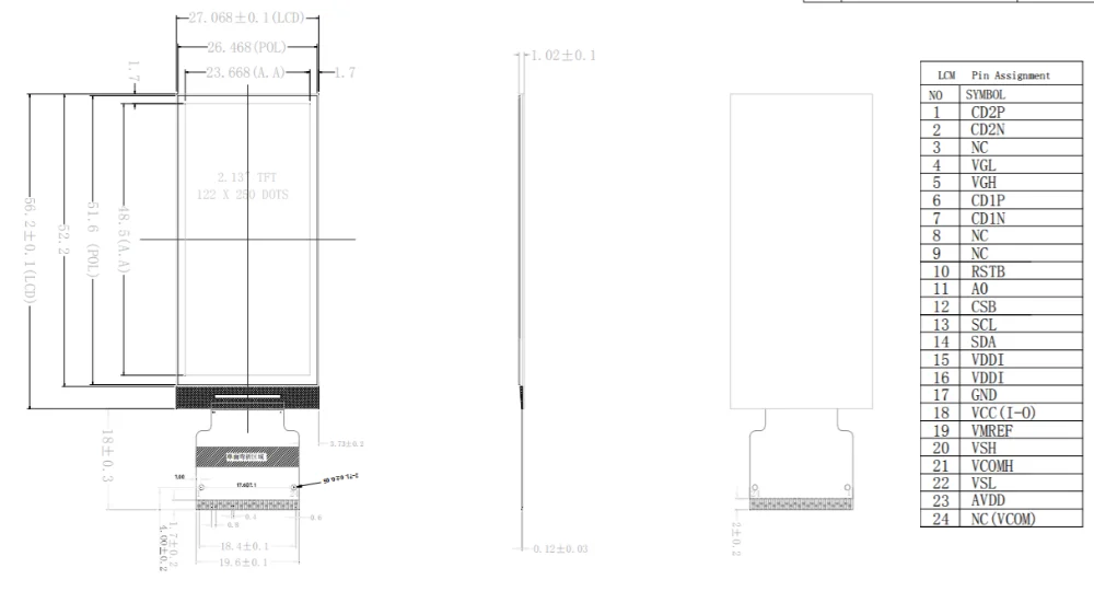 2.13 Inch Monochrome TFT LCD - ST7302 Display - 122x250