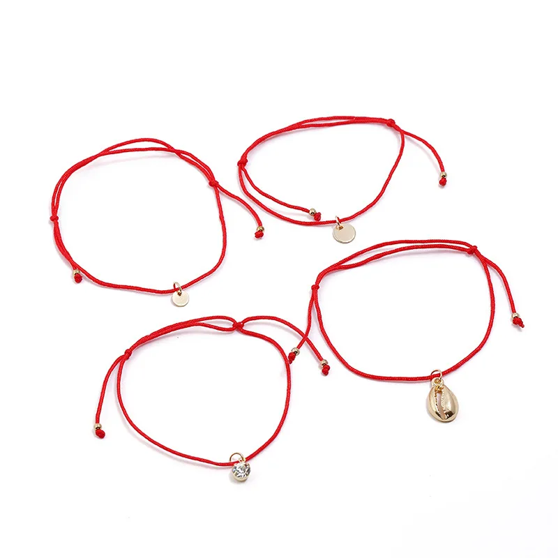 4 Pcs /set Unisex Gold Coin Crystal Shell Charms Handmade Rope Red ...