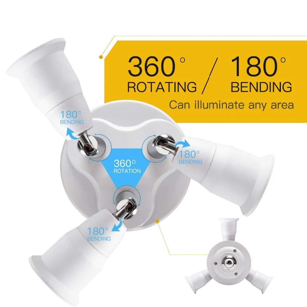 Triple Light Socket Splitter Adapter 3-in-1 E26 E27 Light Bulb Socket ...