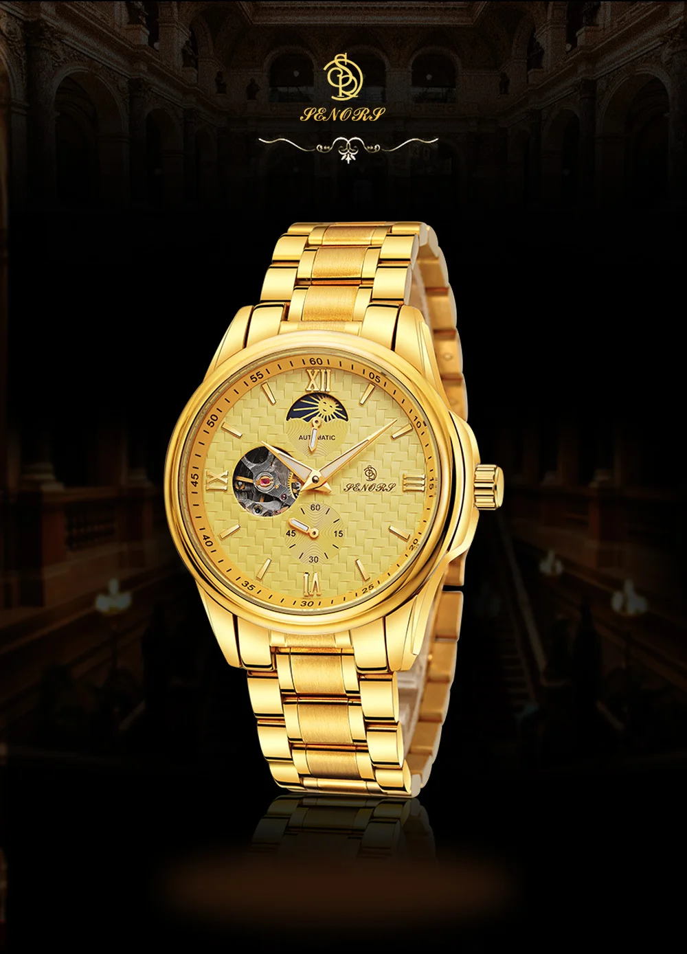 Cheap Watch Sun Moon Phase Custom Logo Skeleton Automatic Mechanical ...