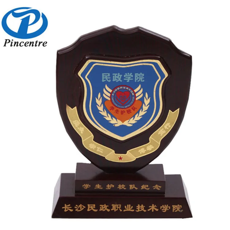 Custom Embossed Logo Wooden Shield Metal Trophy Award