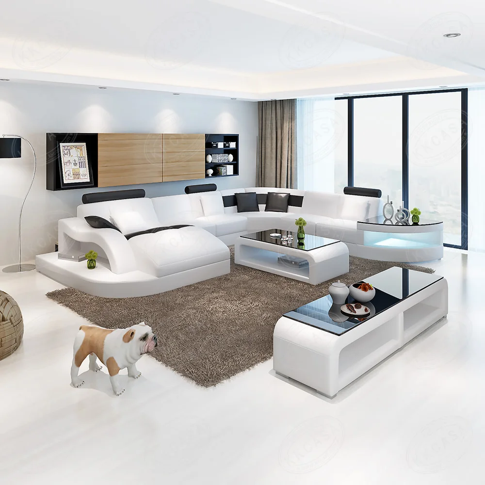 Led Light Leather Sofa Set Living Room Furniture With S Shape Special ...