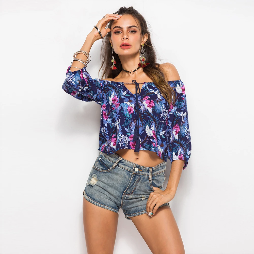 2019 Summer New Design Women Floral Print T Shirt Off Shoulder Bare ...